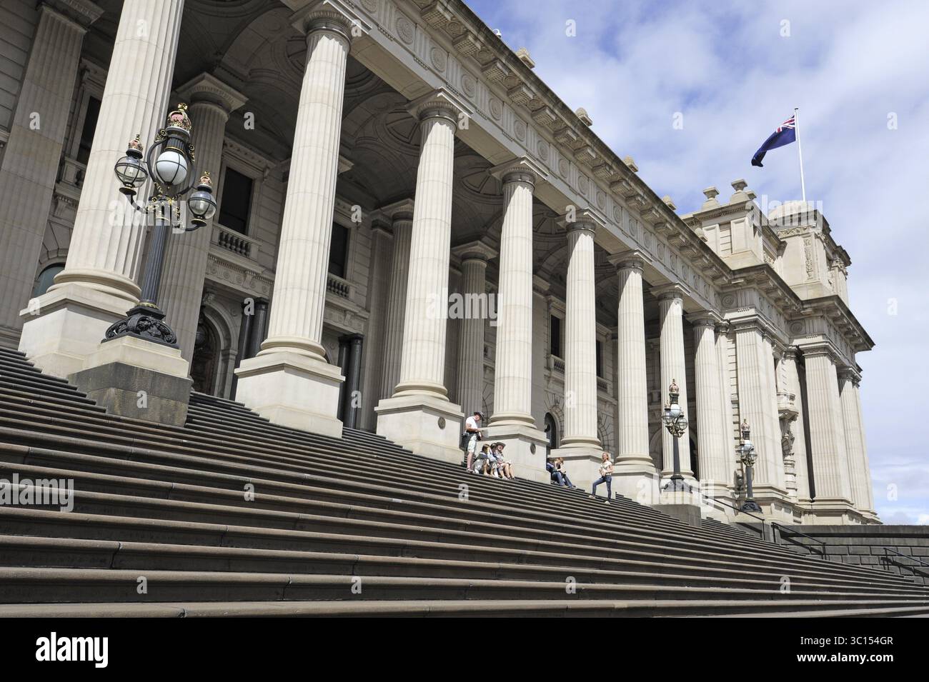 Parliament House, stairs and facade from Spring Street, Melbourne City ...