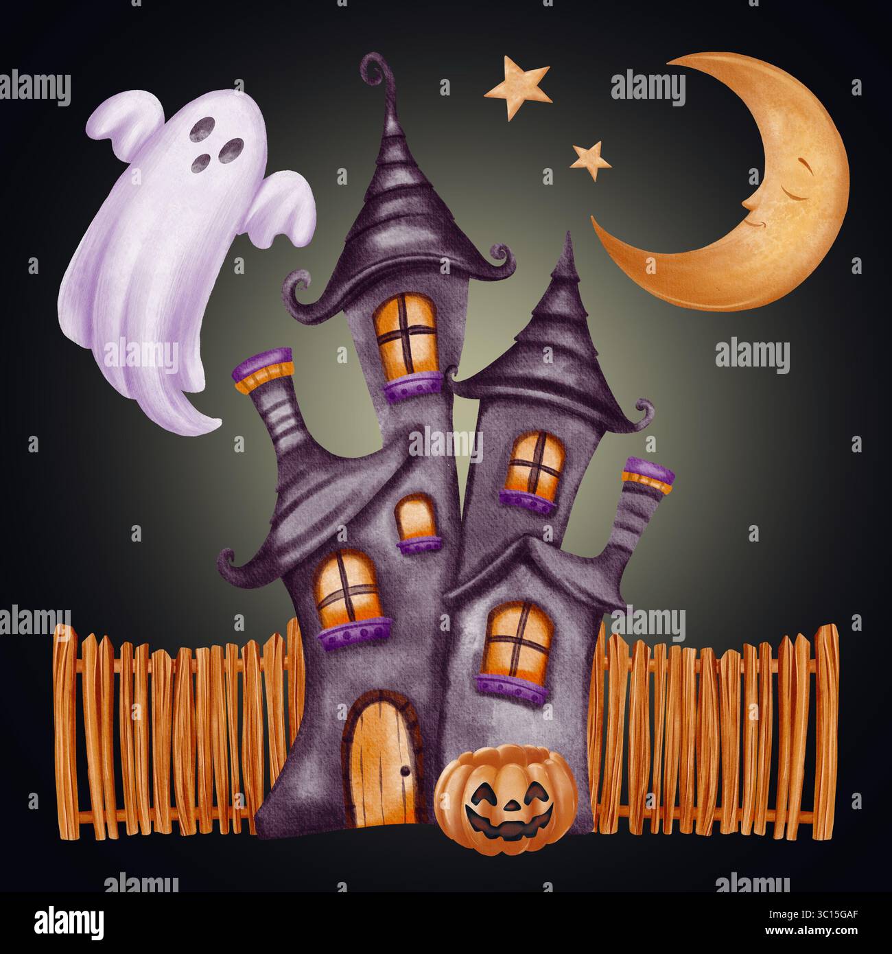 Haunted house with crooked towers, glowing windows, smiling pumpkin ...