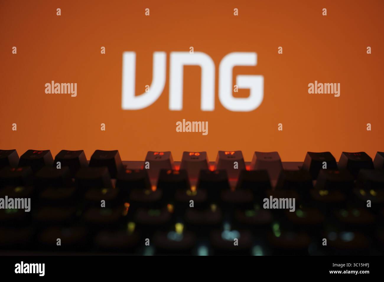 The VNG logo on an orange background above a backlit keyboard Stock ...