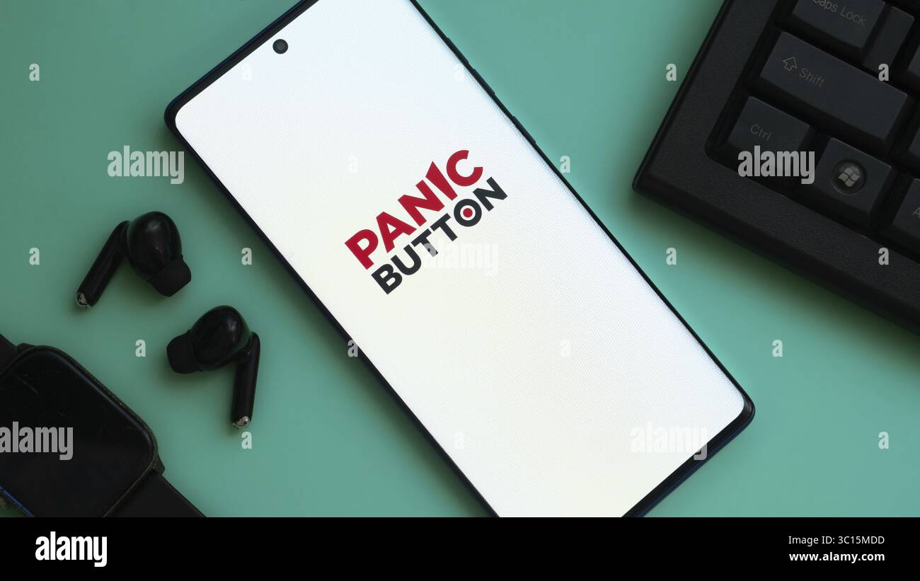 A phone screen with the Panic Button logo next to earphones and a ...