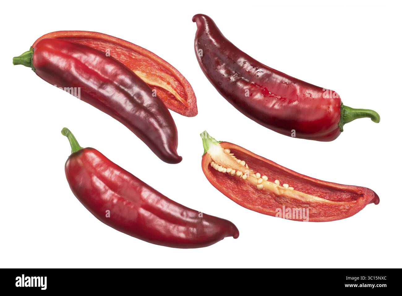 Red Hatch chile peppers halved and whole, top view. Numex or New ...