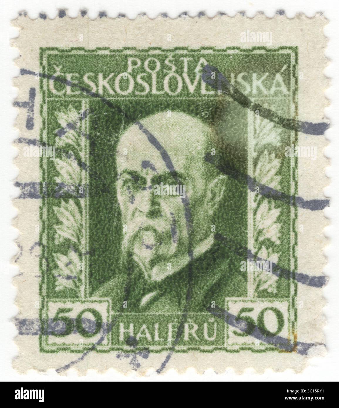 CZECHOSLOVAKIA - 1925 March 07: 50 haléř olive-green postage stamp ...