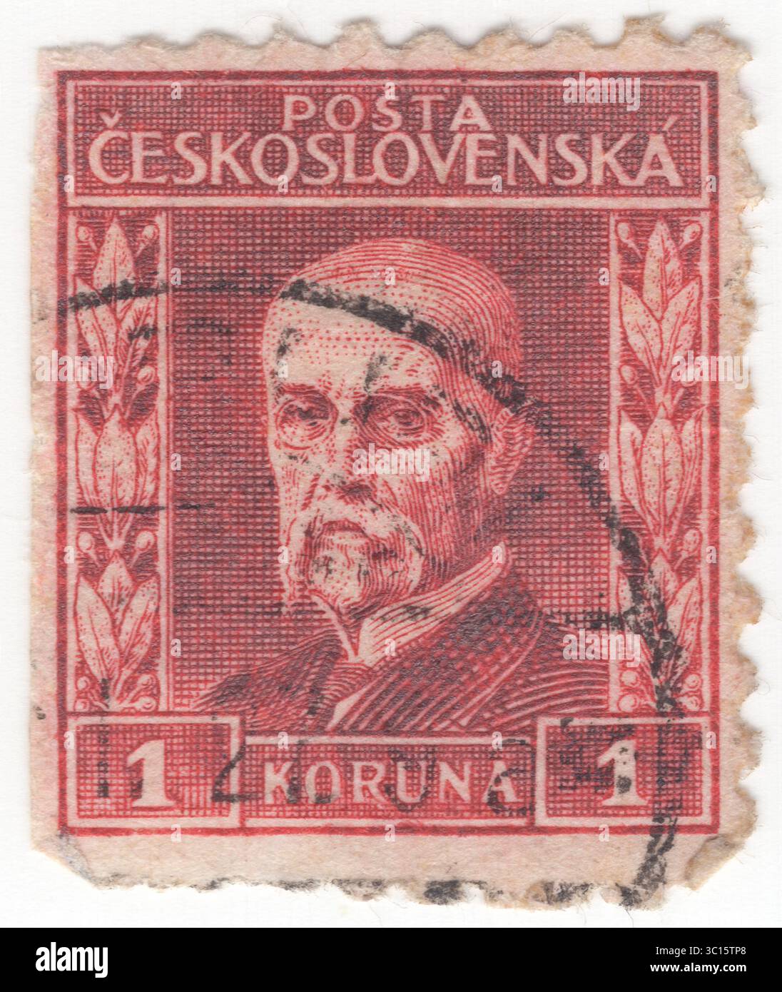 CZECHOSLOVAKIA - 1925: 1 koruna carmine postage stamp depicting ...