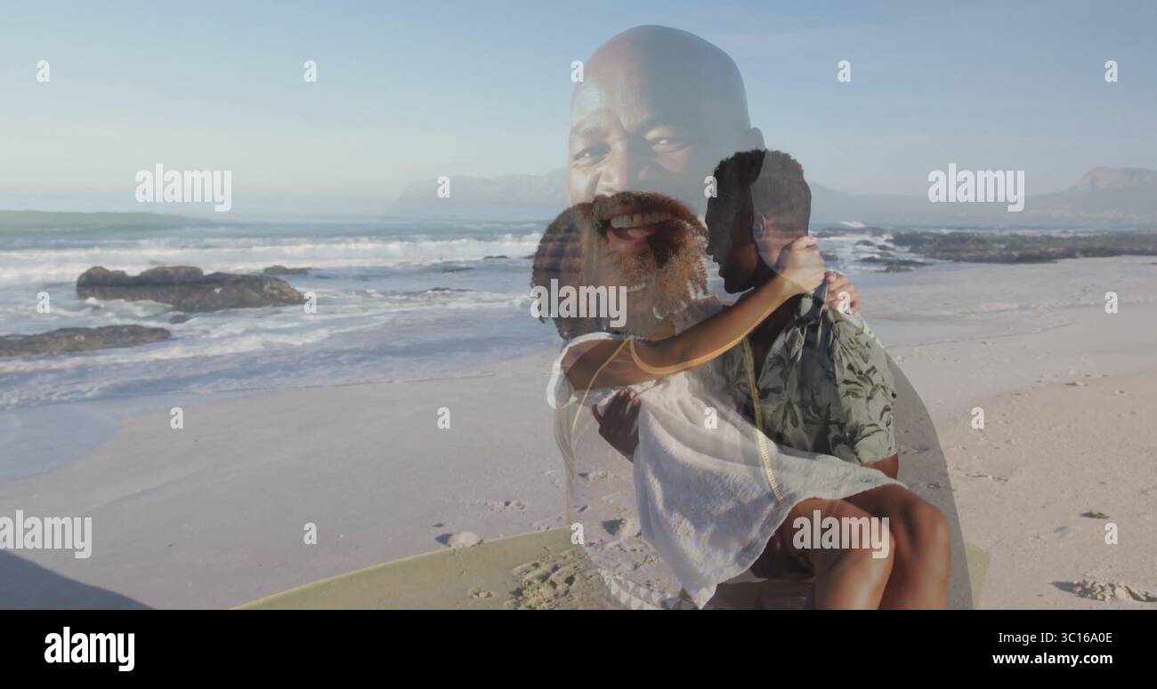 Embracing romantic couple sitting on sandy beach, with translucent ...