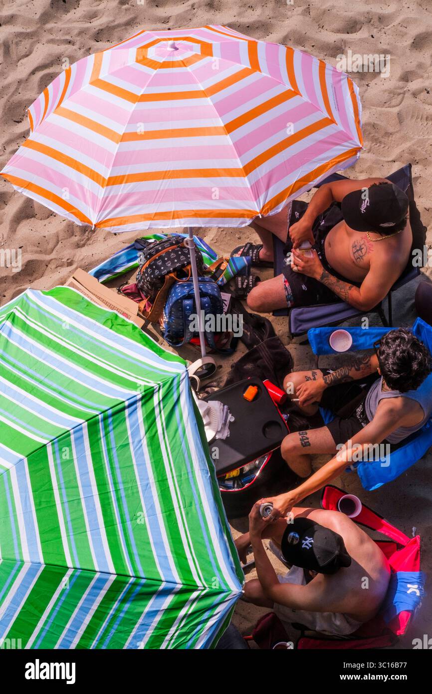 Sunbathers under the Santa Monica Pier, Santa Monica, Los Angeles ...