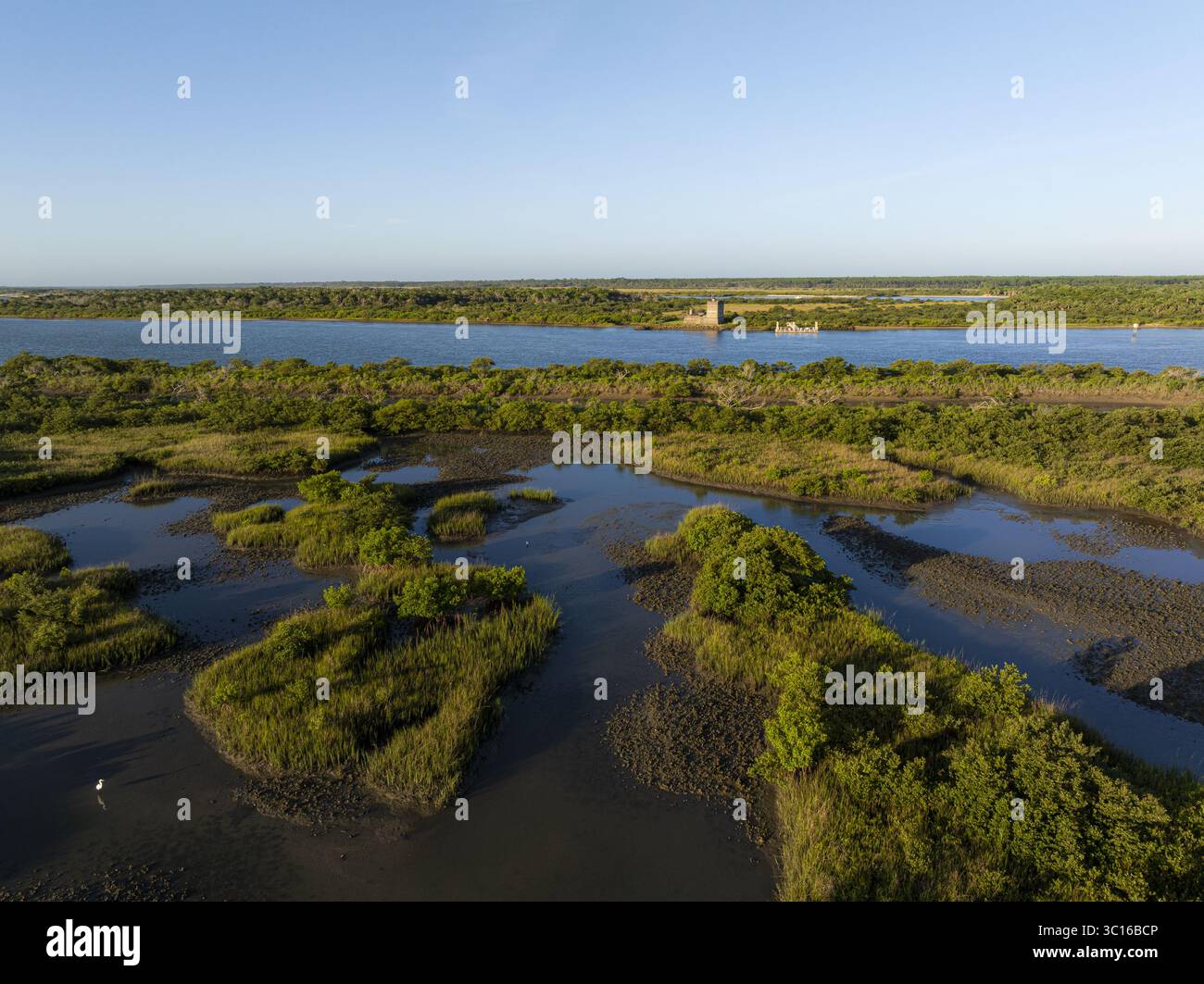Aerial view of lush green islands dotting the marshy landscape beneath ...