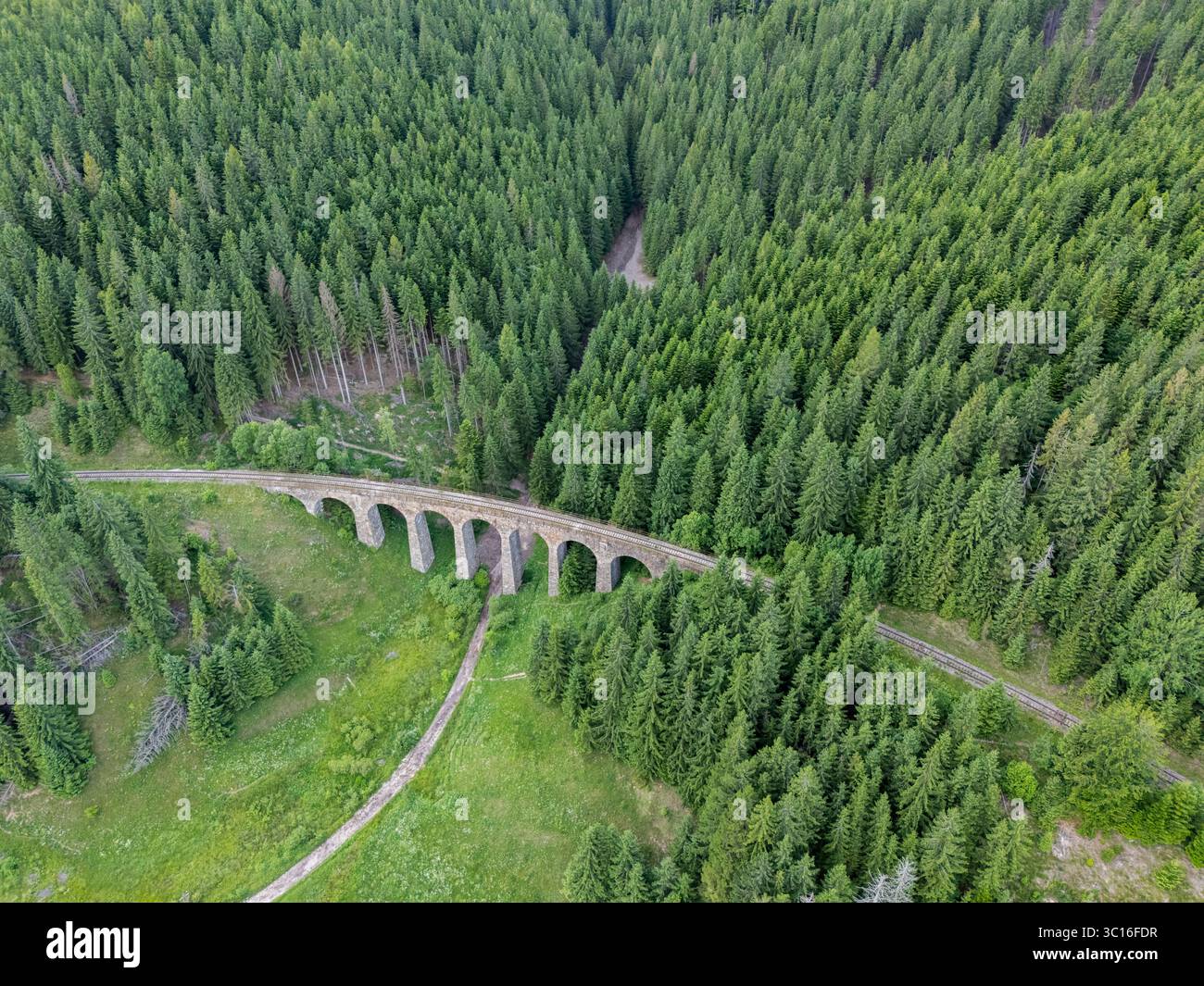 Aerial view of the Telgárt Viaduct, a stone arch bridge, nestled ...