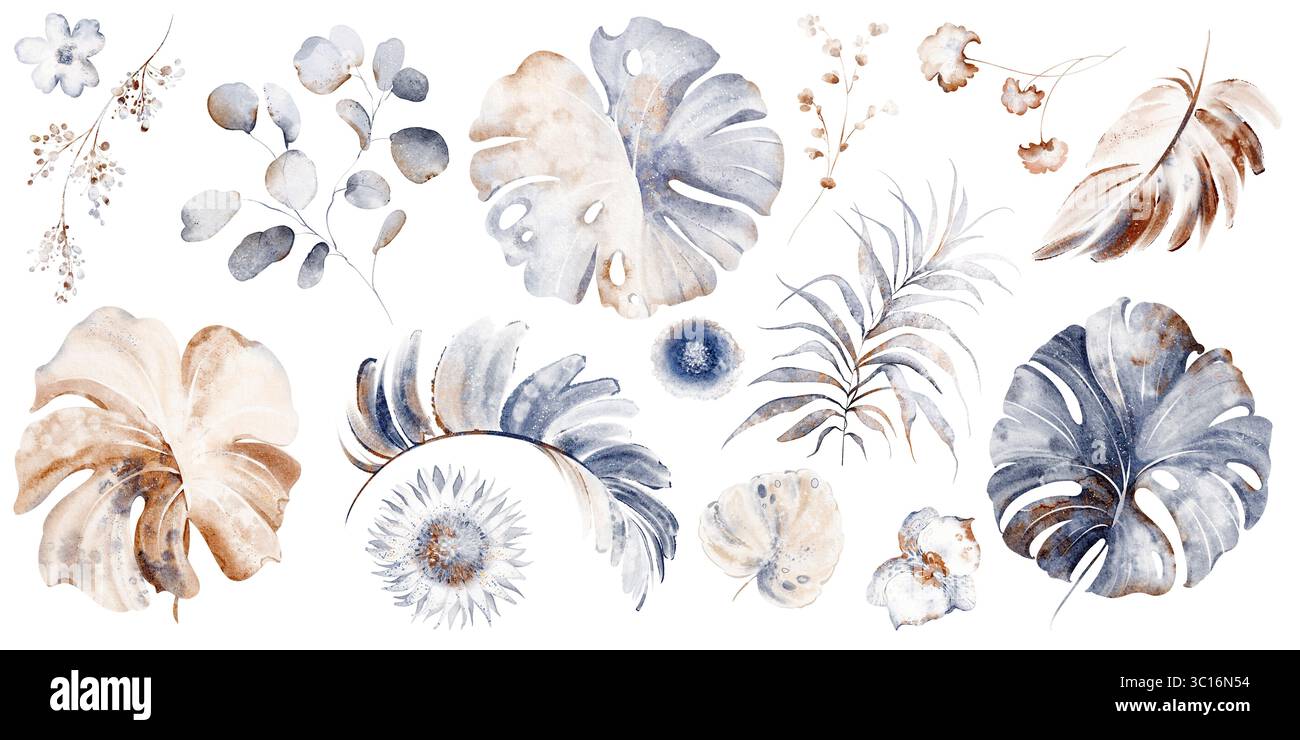 Watercolor illustration of tropical flowers and plants, including palm ...