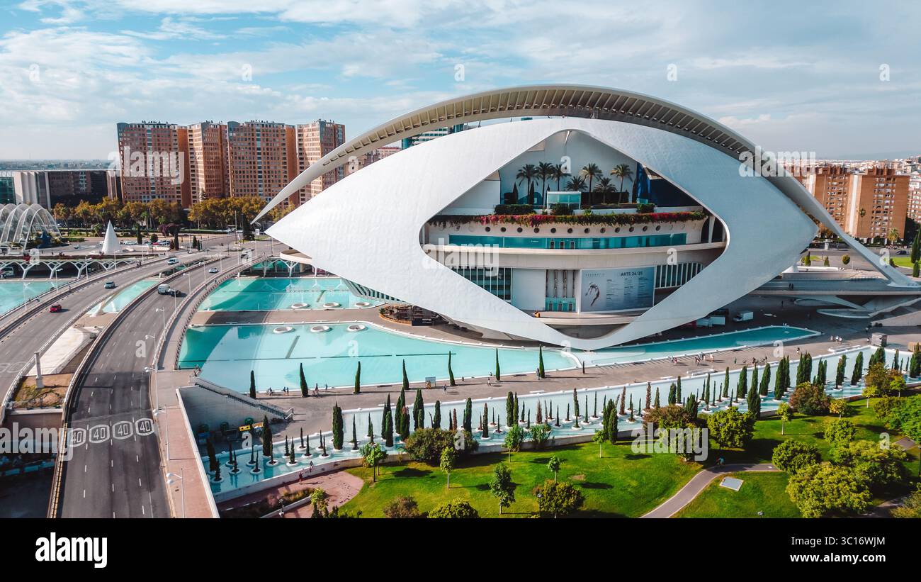 Aerial view of the futuristic architecture of the City of Arts and ...