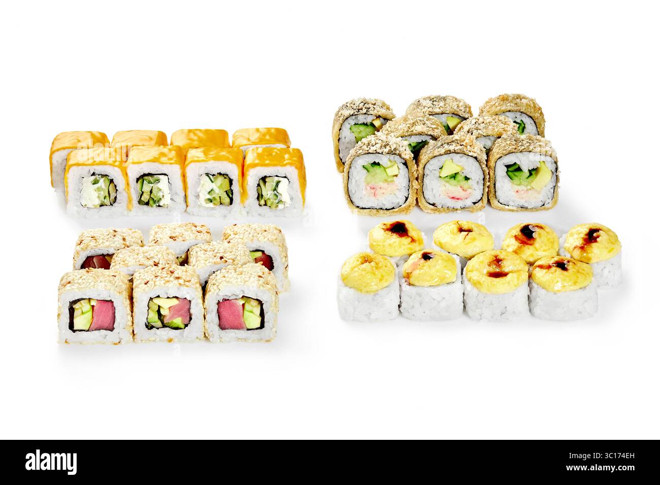 Variety of delicious uramaki sushi rolls displaying different toppings ...