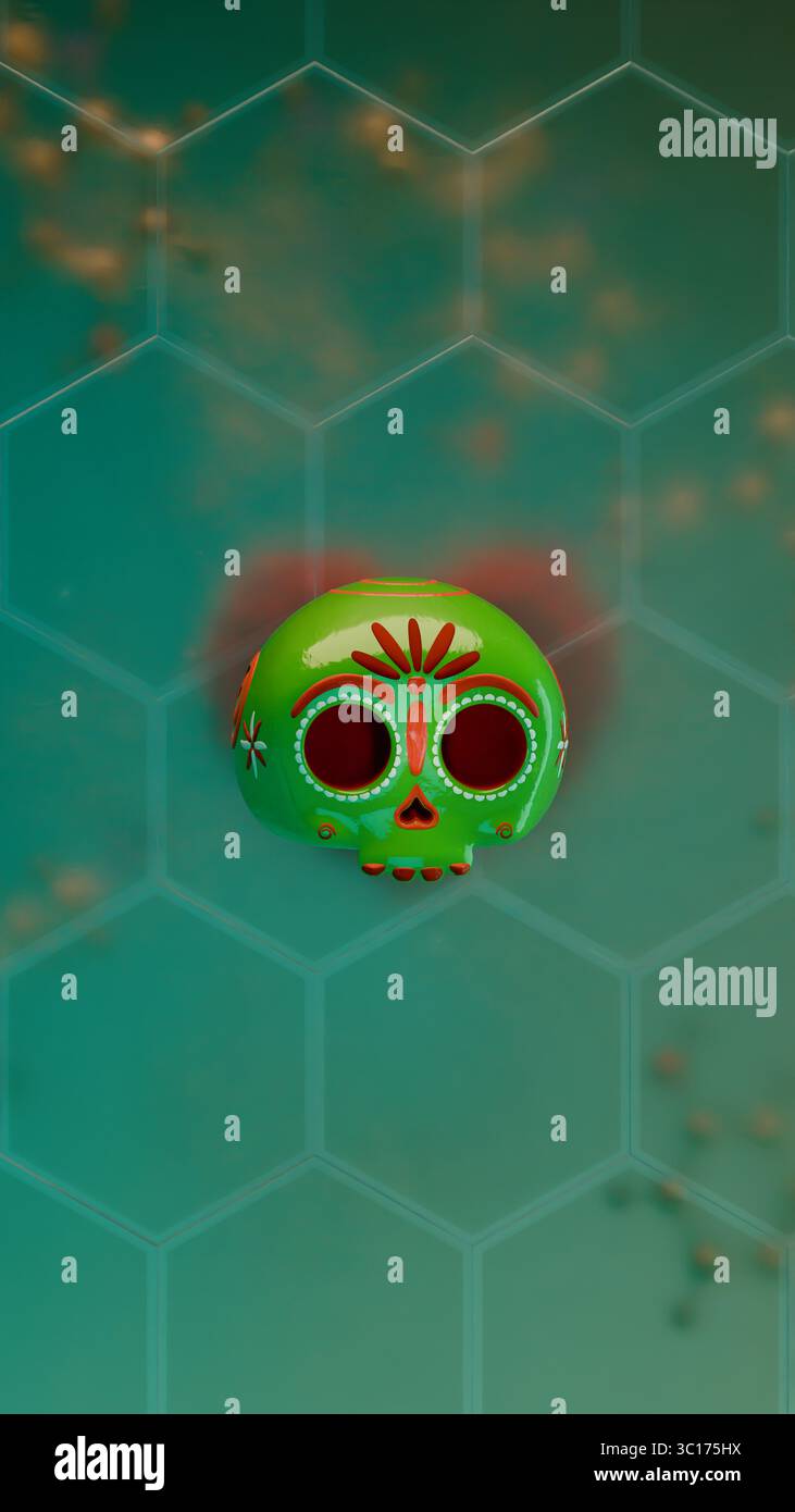 Day of the dead decorative skull in front of pixelated heart over ...