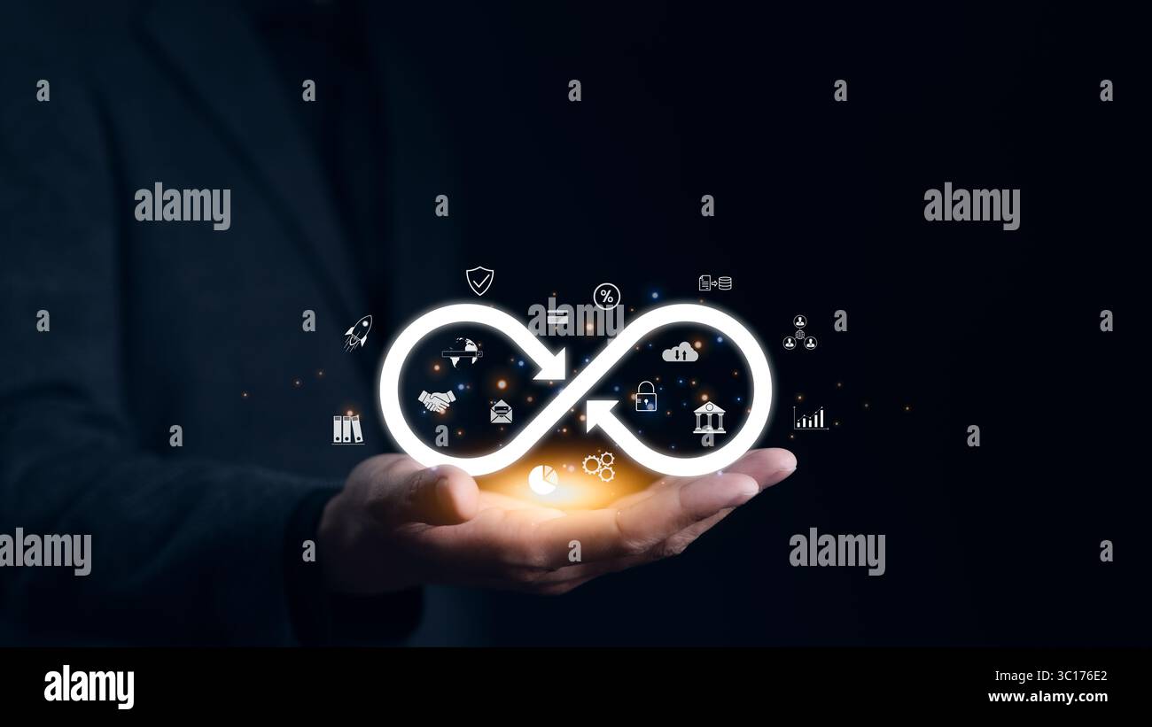 Technology data link concept. Businessman hand holding virtual infinity ...