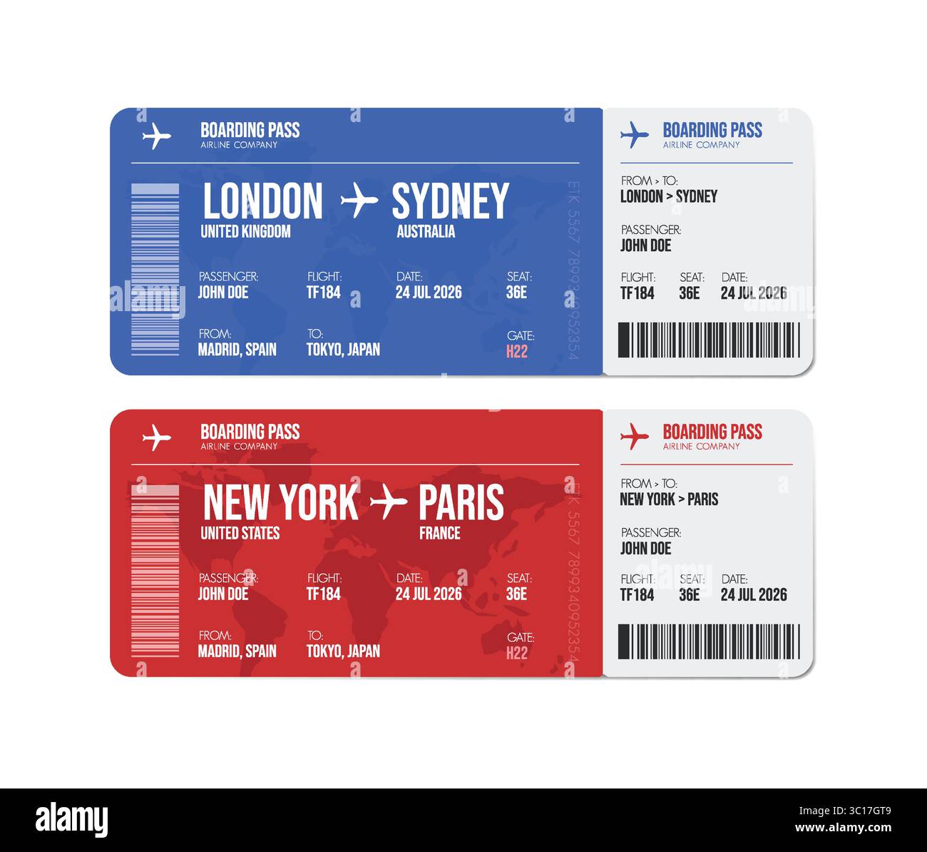 Airline ticket design. Airplane boarding pass with passenger name and ...