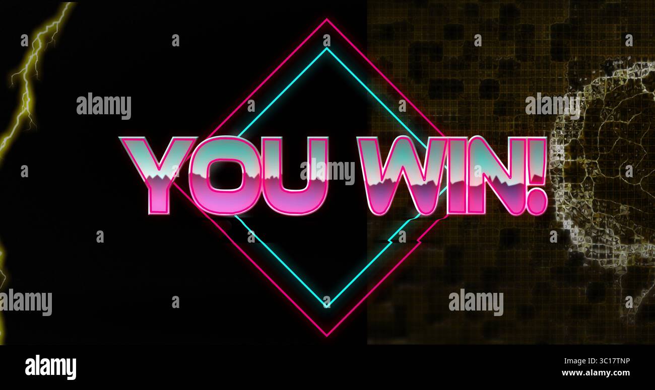 YOU WIN! neon text glowing in grid circuitry, with diamond frames ...