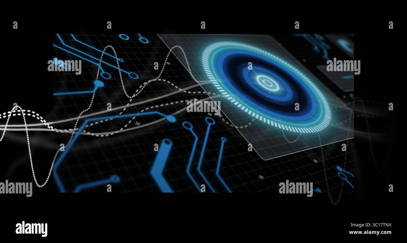 Floating holographic dial hovering over grid, connecting circuit nodes ...