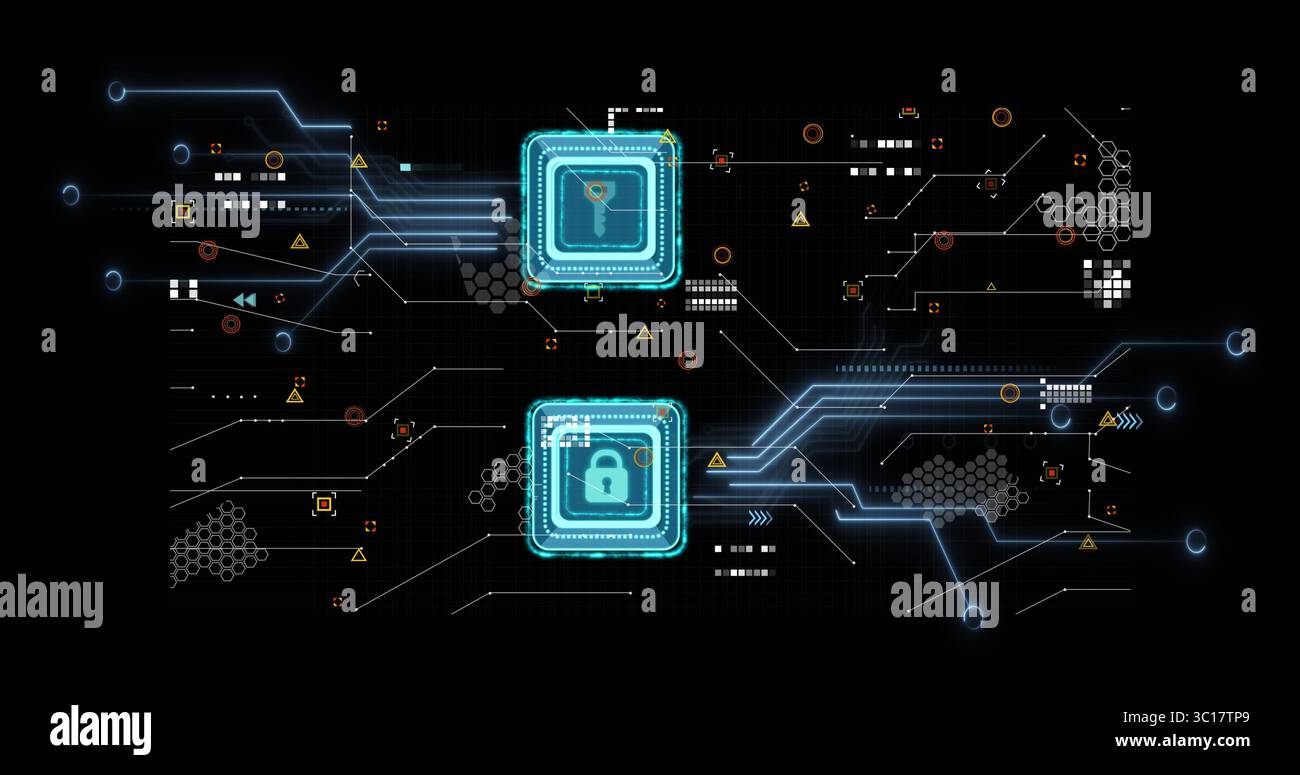 Glowing circuit lines connecting neon-blue key and padlock modules in network grid, with data ...