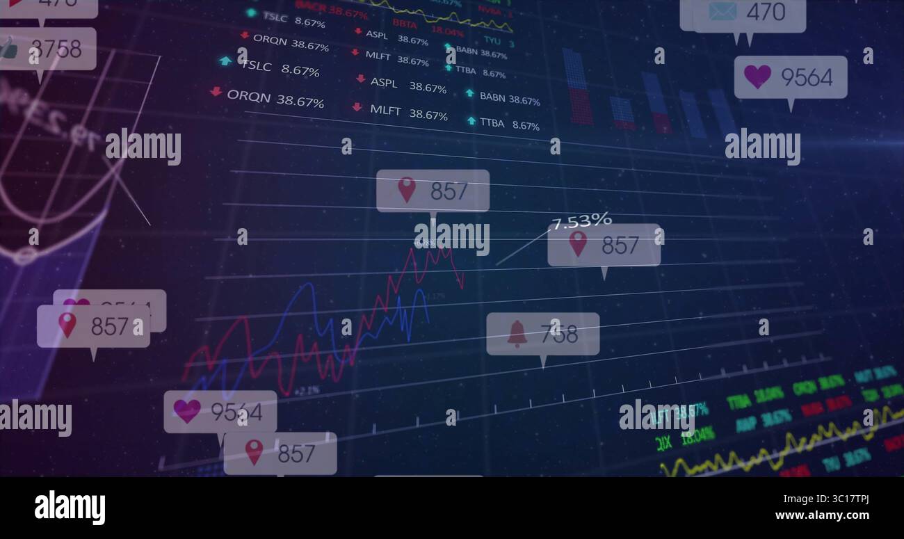 Displaying digital interface showing red and blue trends at trading ...