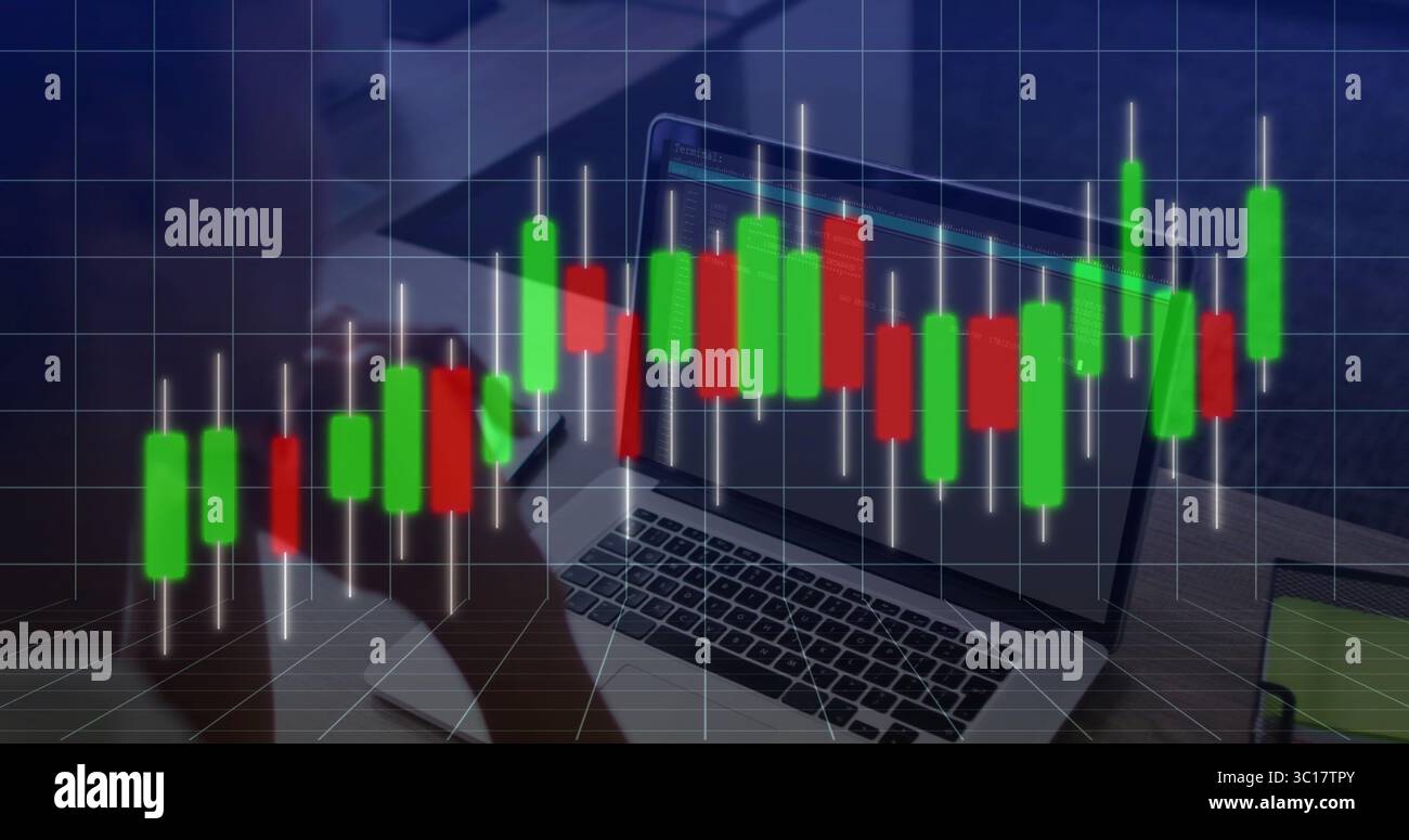 Displaying candlestick chart overlay on office wood desk, with laptop ...