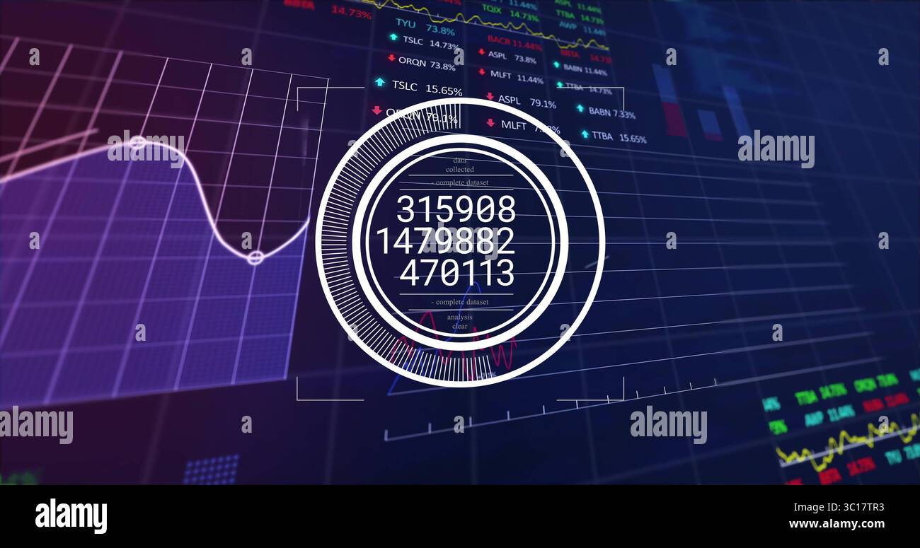 Displaying central circular infographic over dashboard showing grid panels with tickers and ...