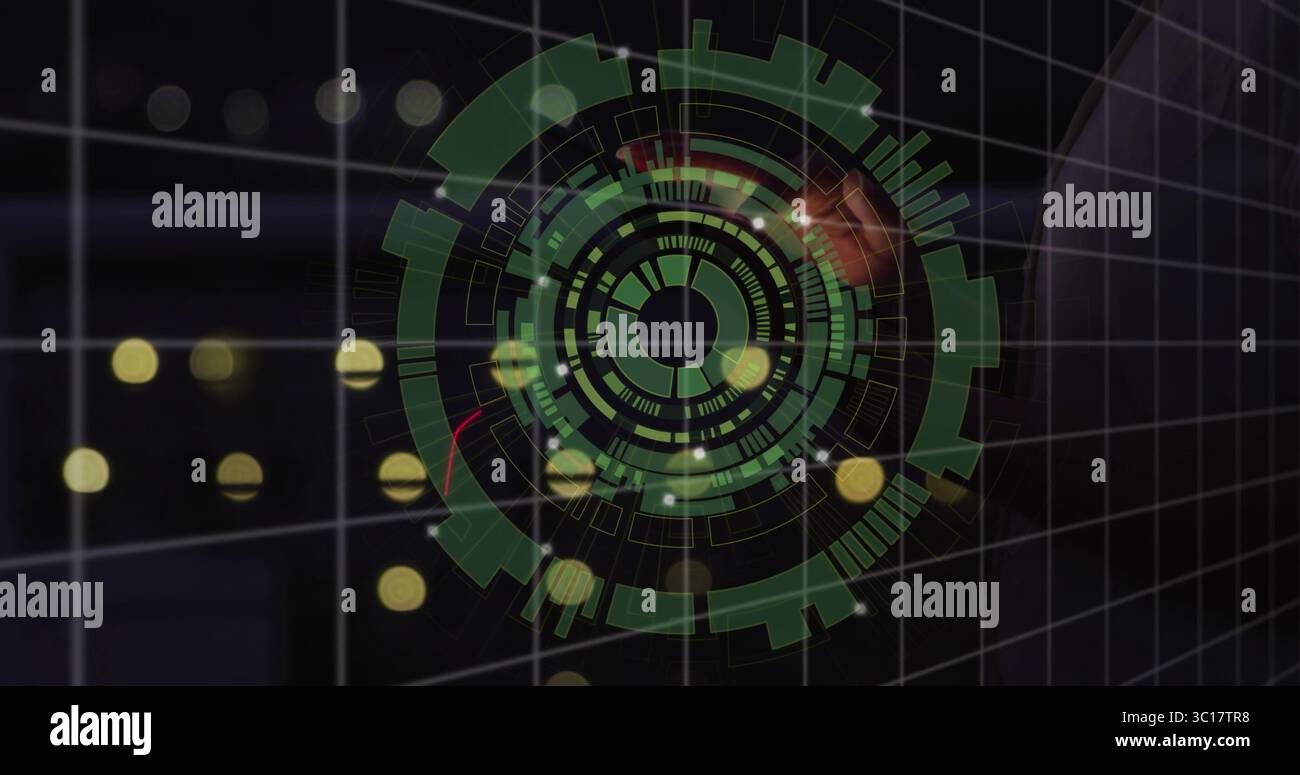 Projecting circular holographic interface over 3D grid in control room, with floating yellow ...