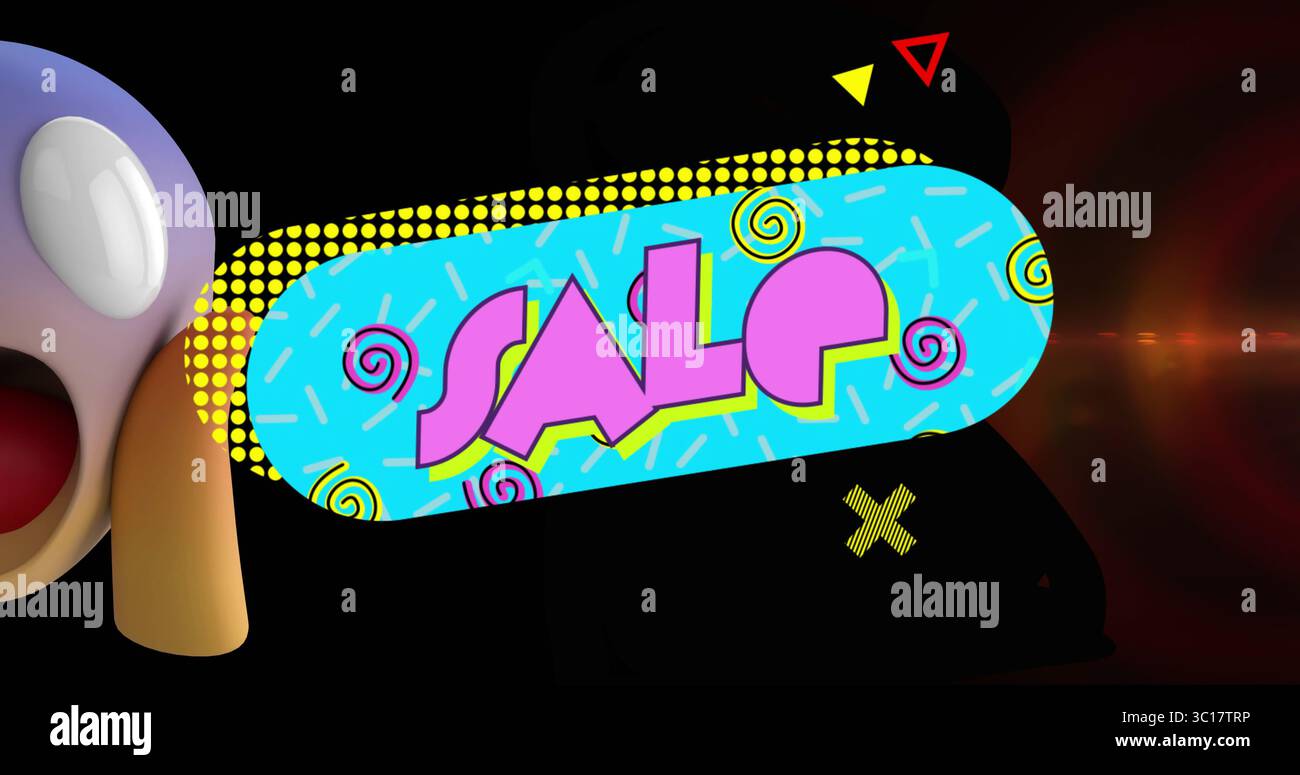 Displaying cyan oval banner reading SALE on dark backdrop with yellow halftone dots, 3D shapes ...