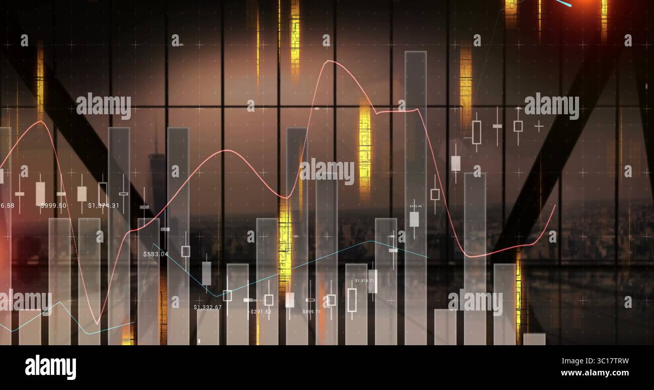 Projecting market data over high-rise window at dusk, with glowing ...