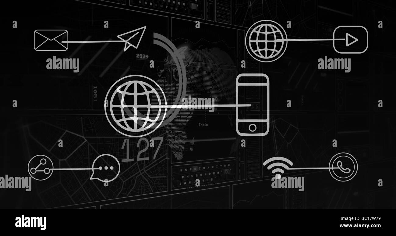 Displaying white globe icon connecting envelope, smartphone, chat ...