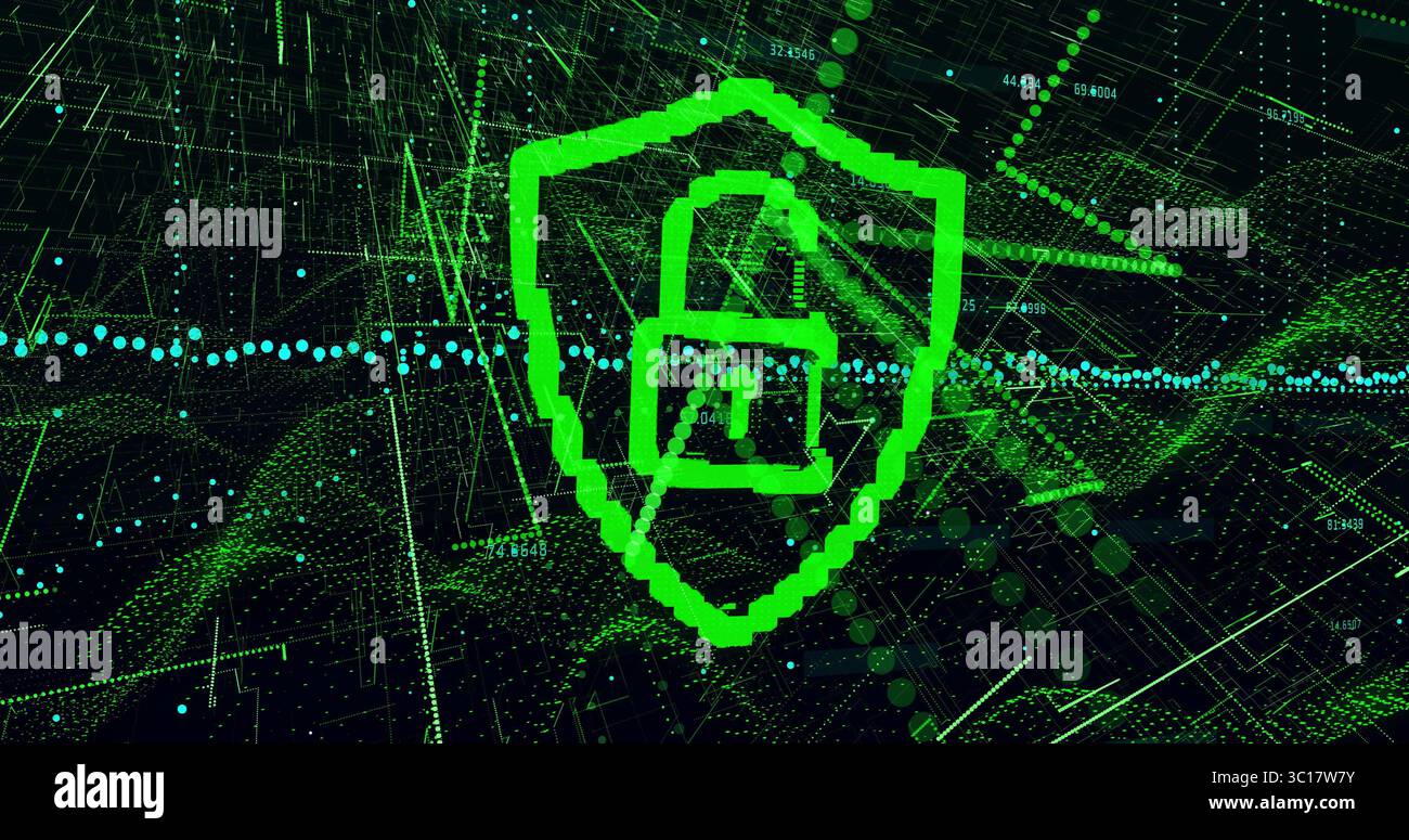 Displaying pixelated green shield with open padlock lighting grid, with glowing data points ...