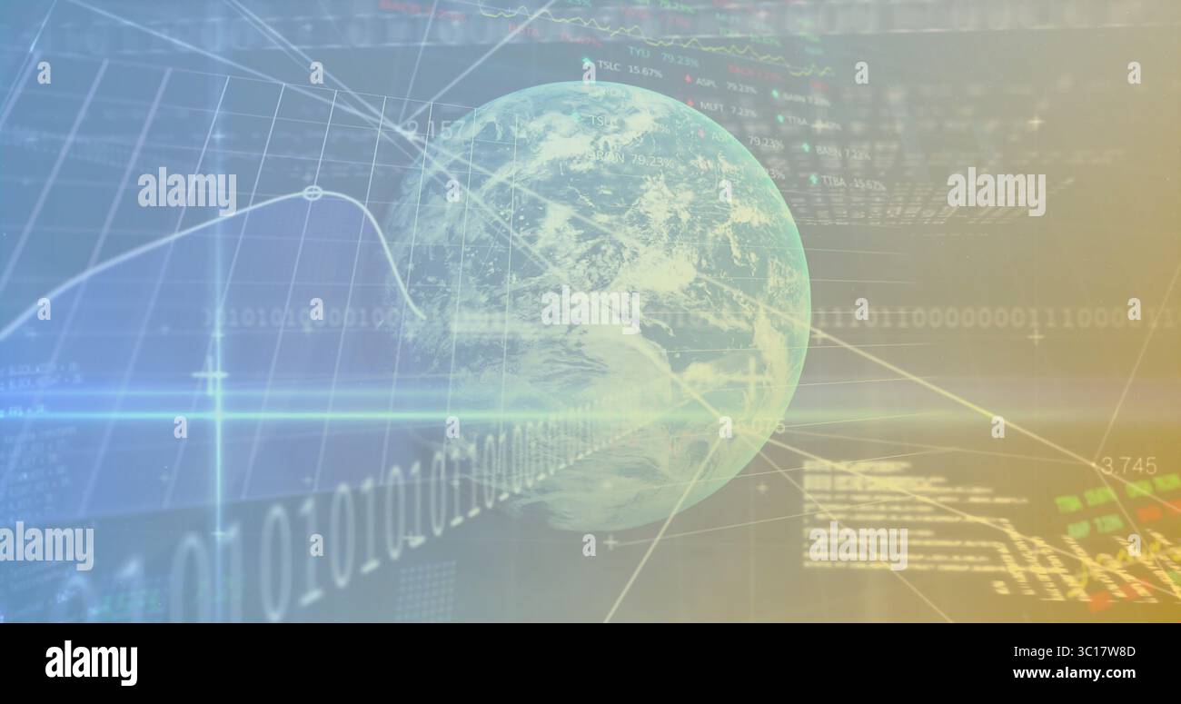 Rotating transparent Earth globe in virtual data interface, with binary code and grid Stock ...