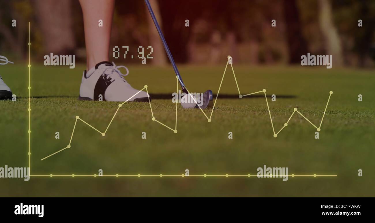 Golfer's lower legs aligning iron club on putting green, with ball ...