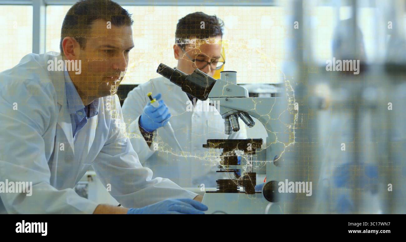 Scientists in lab coats examining slide under microscope at lab bench, with pipette data overlay ...