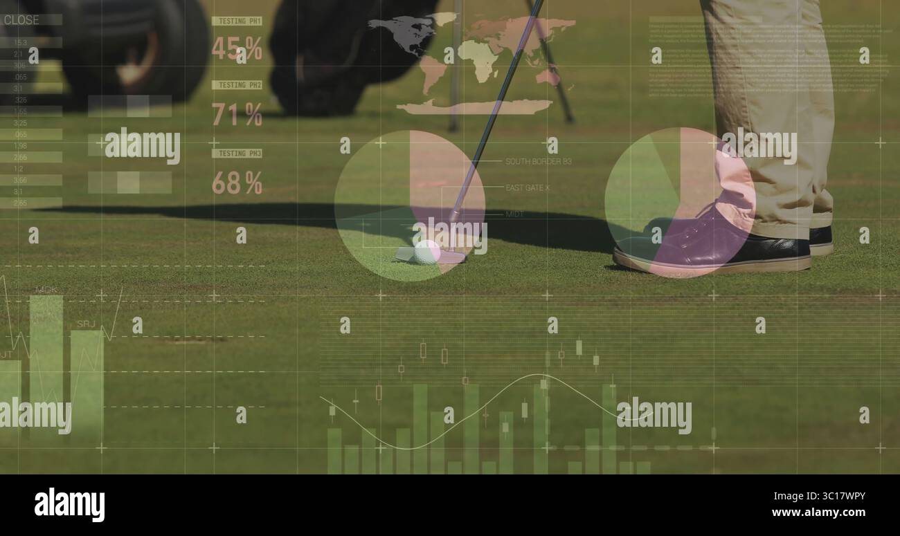 Male golfer aligning putter next to golf ball on putting green ...