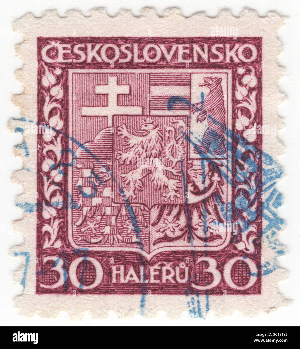 CZECHOSLOVAKIA - 1929 April 10: 30 haléř red-violet postage stamp ...