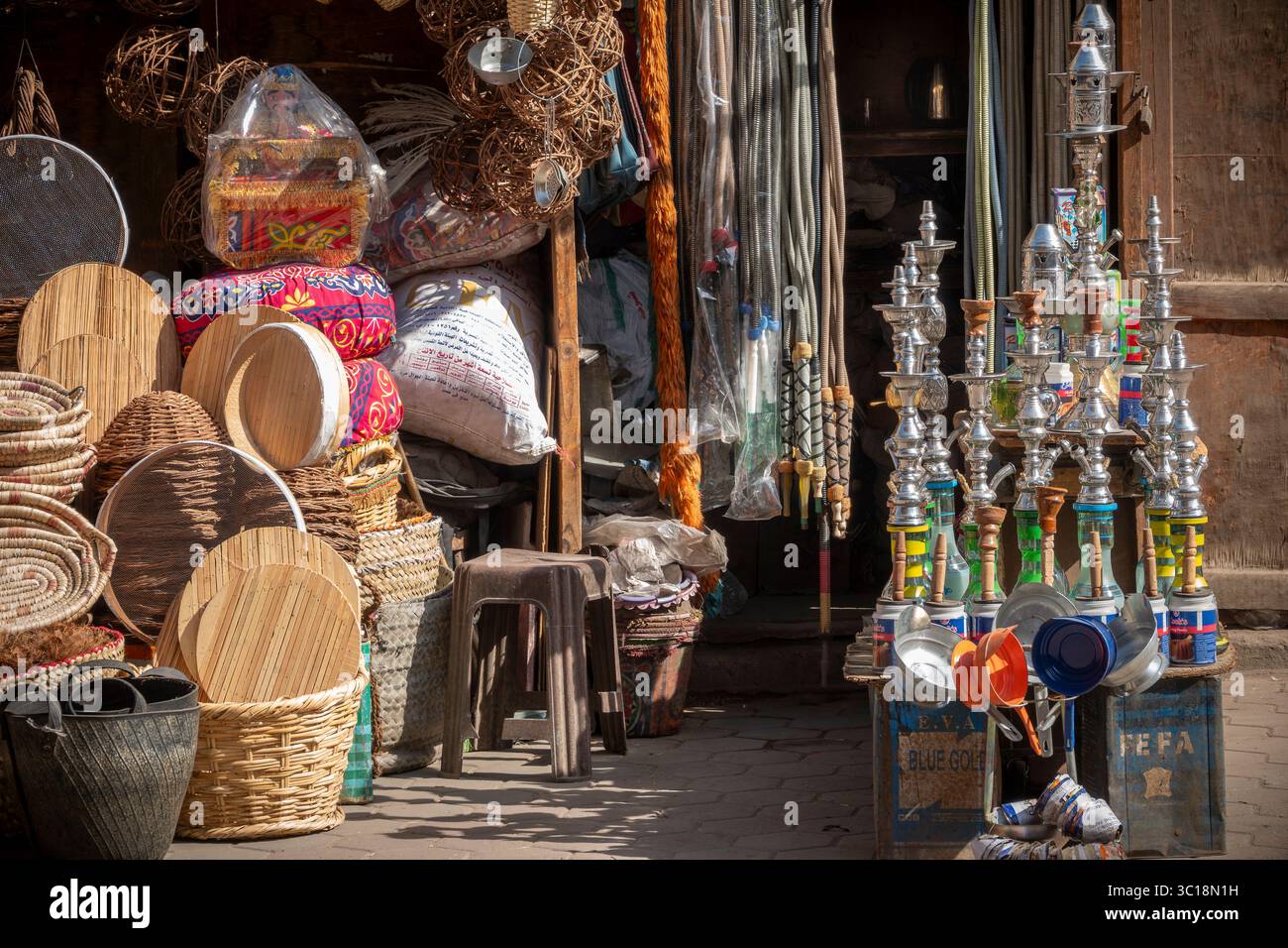 Old Cairo Street Scene with shops selling baskets and wares and hooka ...