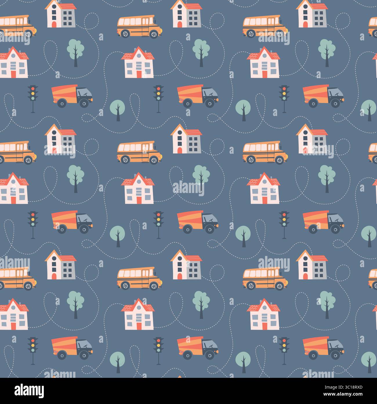 Kids seamless pattern with car, bus and road. Perfect for fabric ...