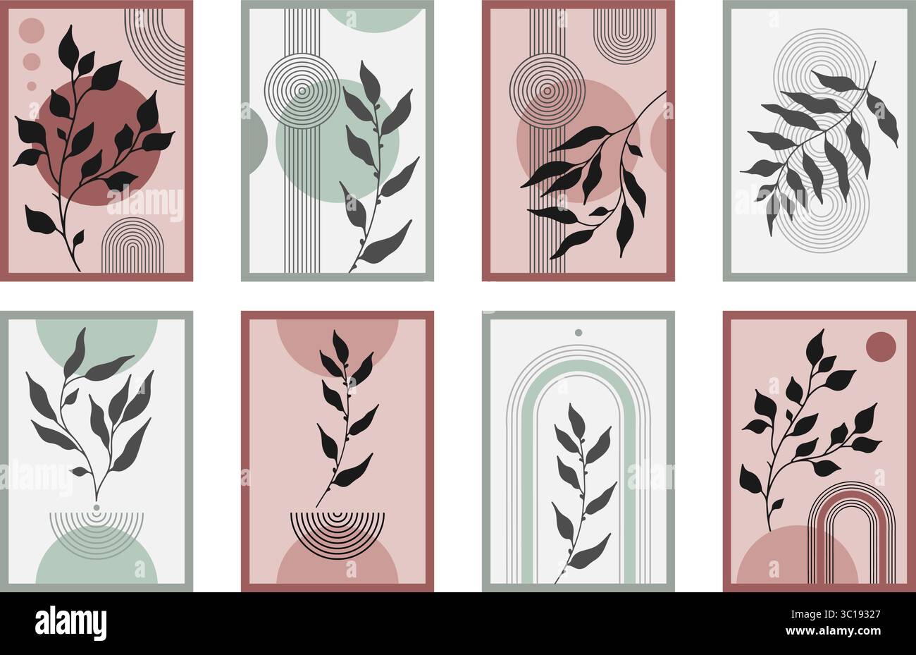 Zen arch poster set with botanical element, simple line arch shapes ...