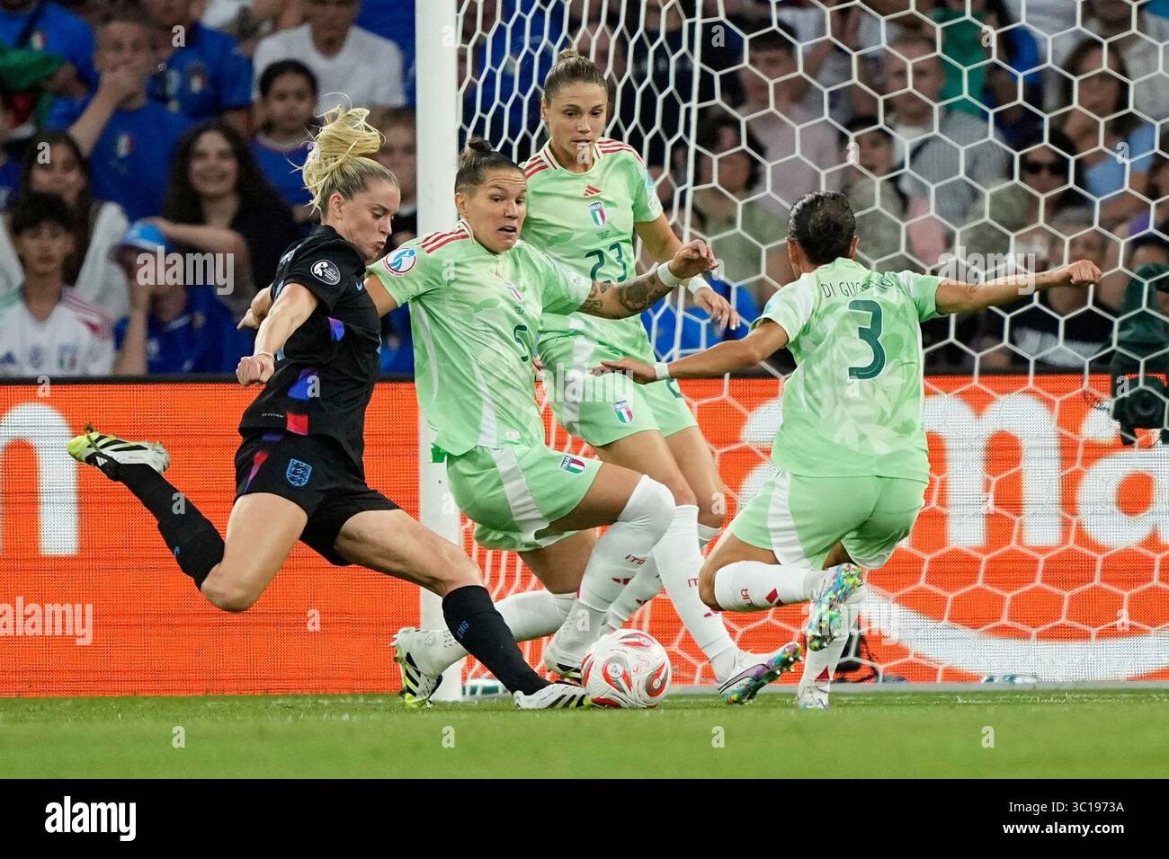 England's Alessia Russo, left, makes an attempt to score during the ...