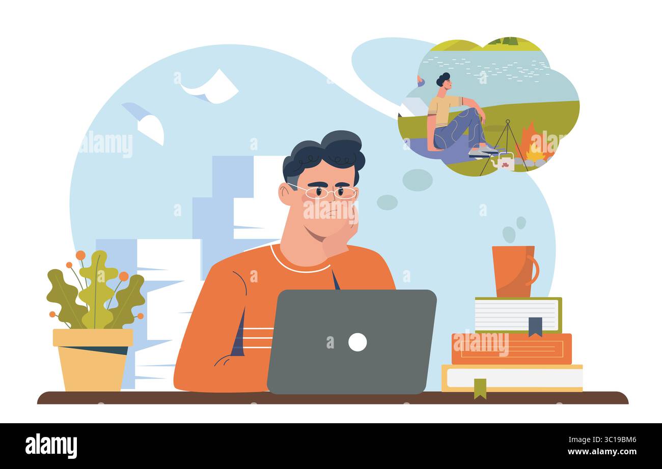 Man working on laptop dreaming of camping. Vector illustration Stock ...