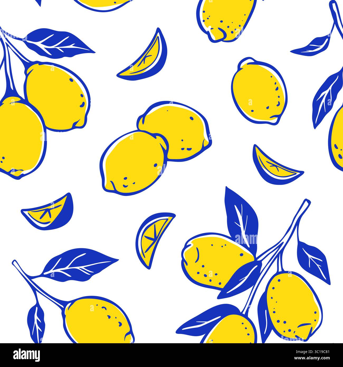 Hand drawn doodle yellow and blue lemon background. Italian, Amalfi ...