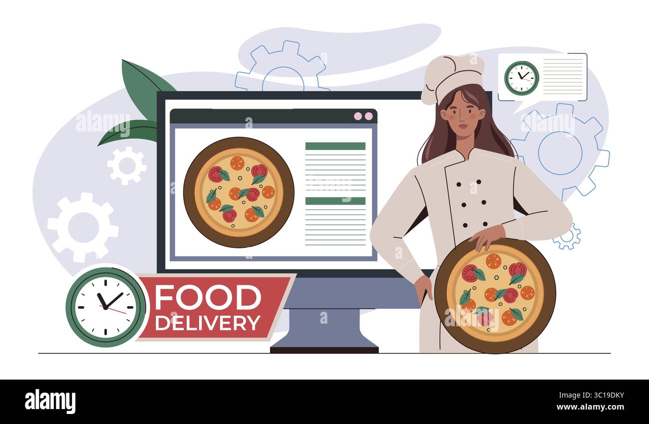 Female chef with pizza and food delivery screen. Vector illustration ...