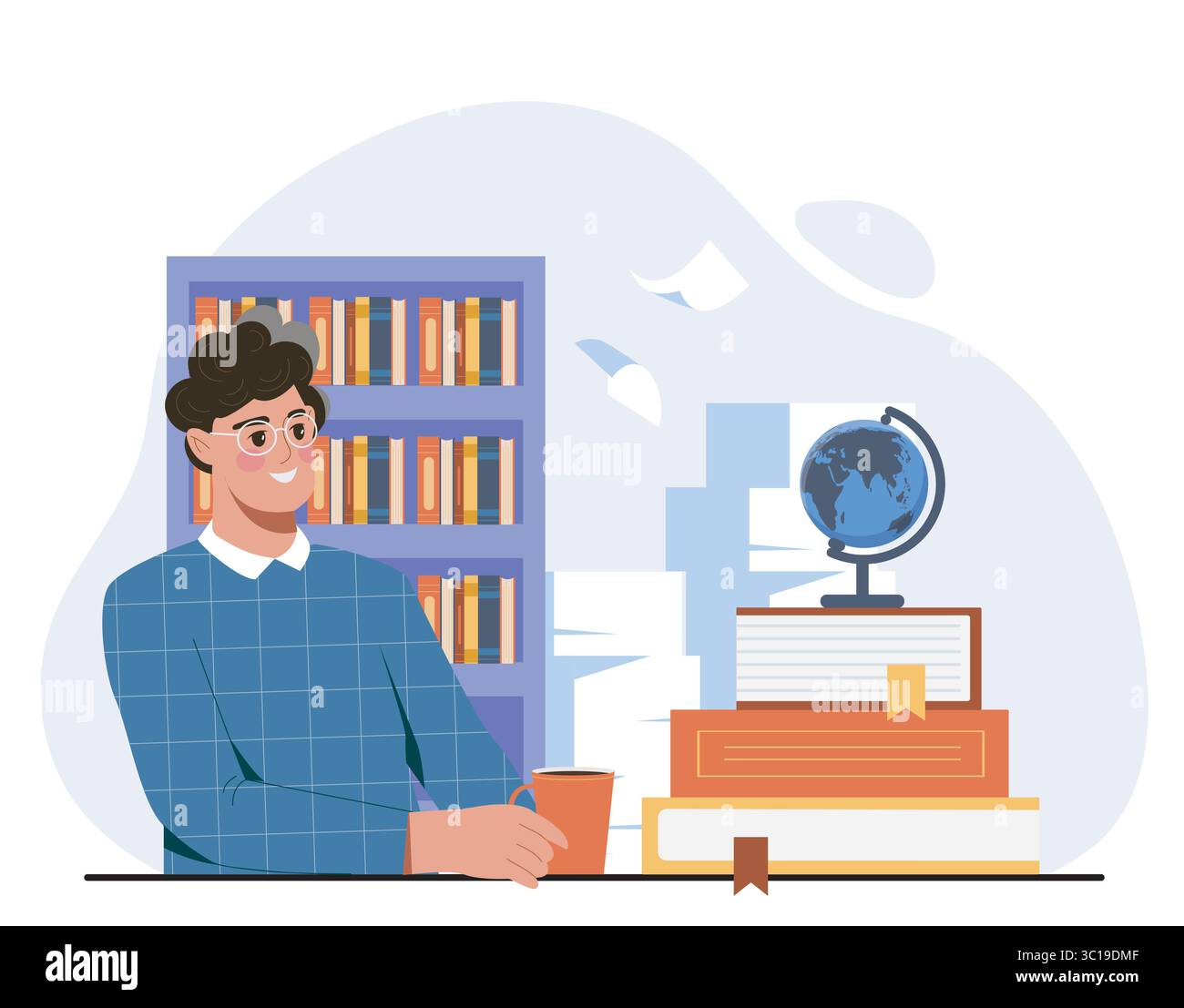 Student in library with globe and books. Vector illustration Stock ...