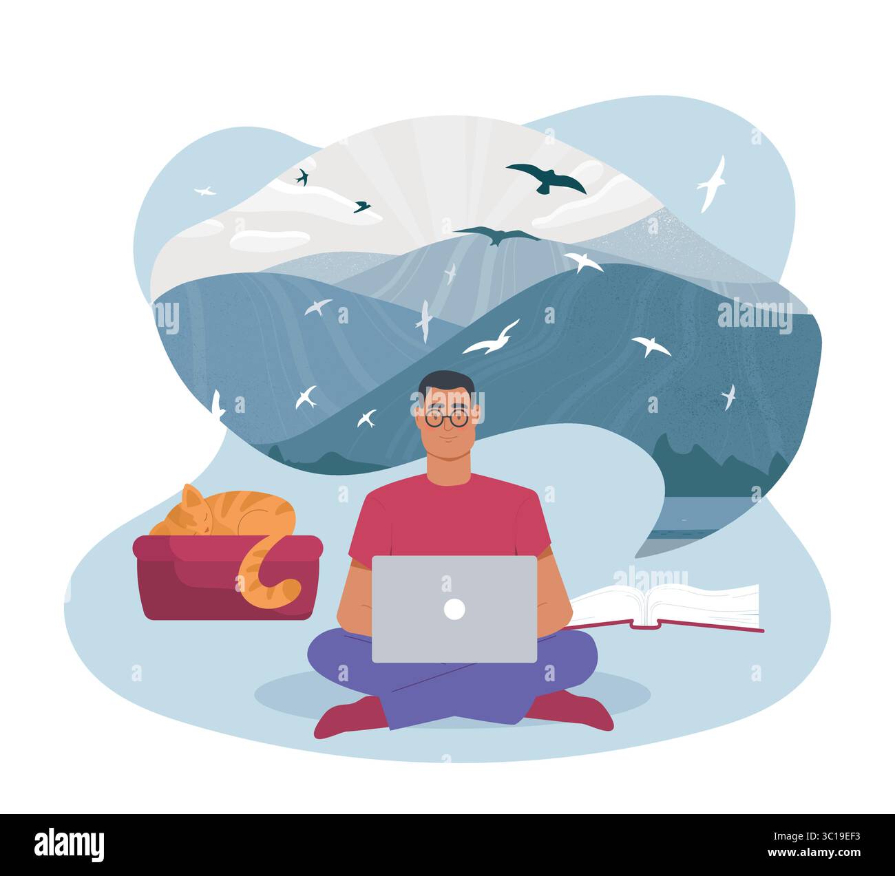 Man with laptop imagining mountains and birds. Vector illustration ...