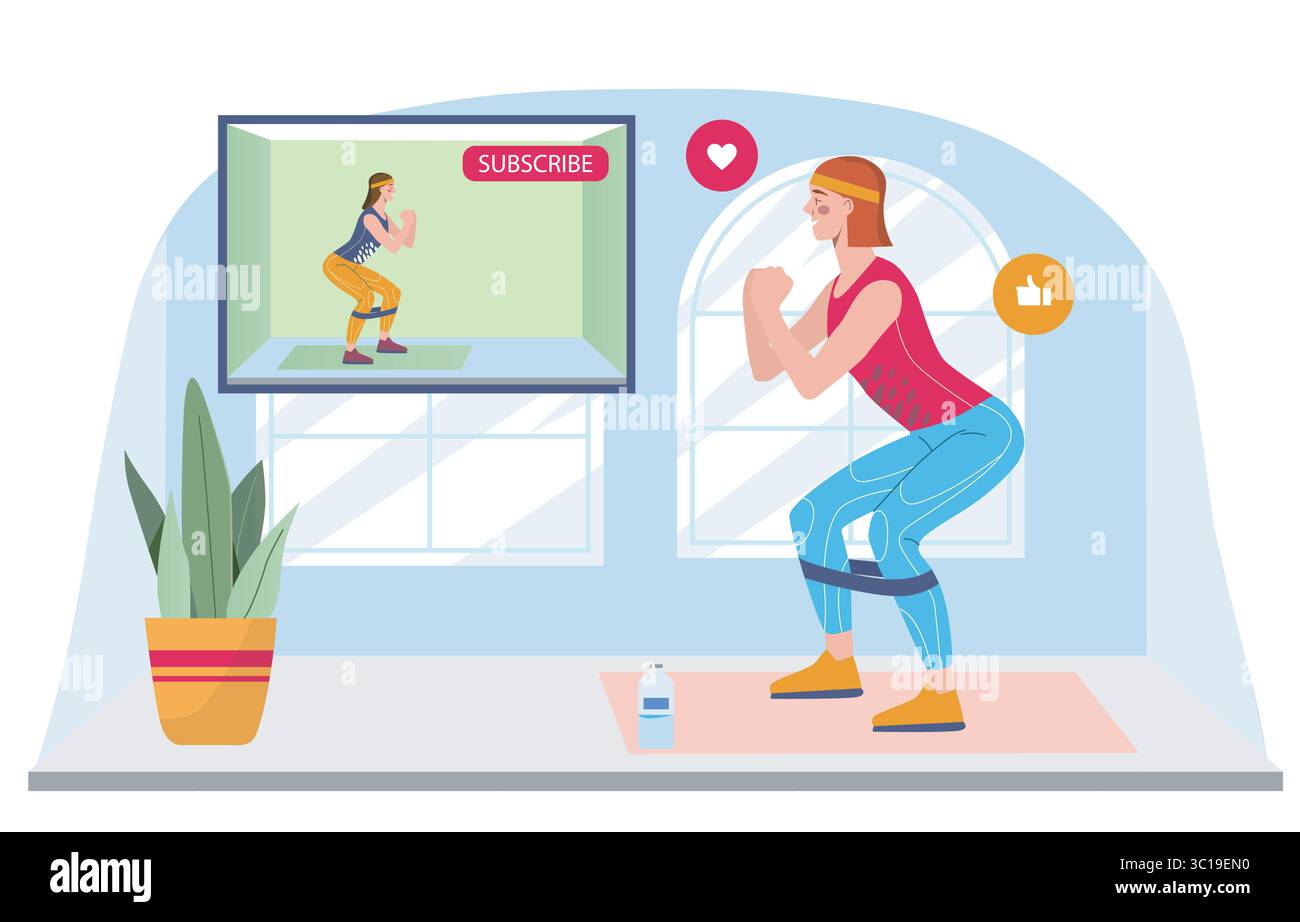 Woman doing online fitness workout at home. Vector illustration Stock ...