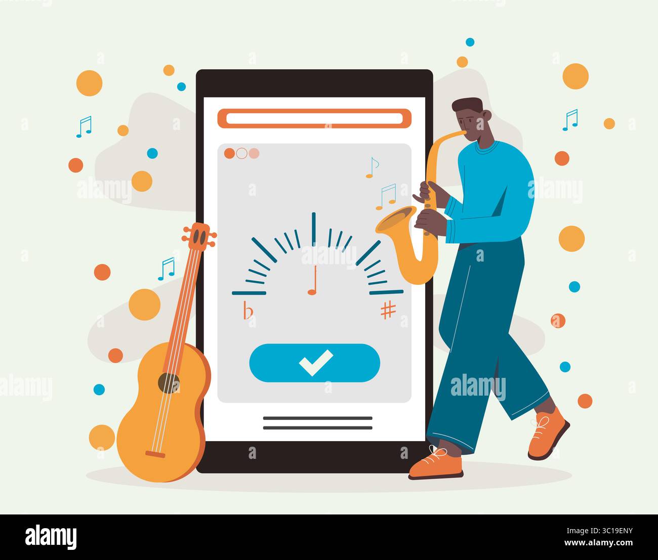 Music tuning app with saxophone player. Vector illustration Stock ...