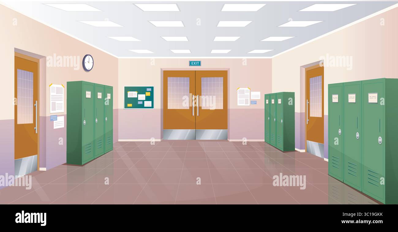 School hallway with green lockers. Vector illustration Stock Vector ...