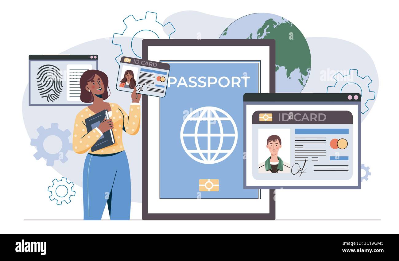 Identity verification with ID and passport. Vector illustration Stock ...