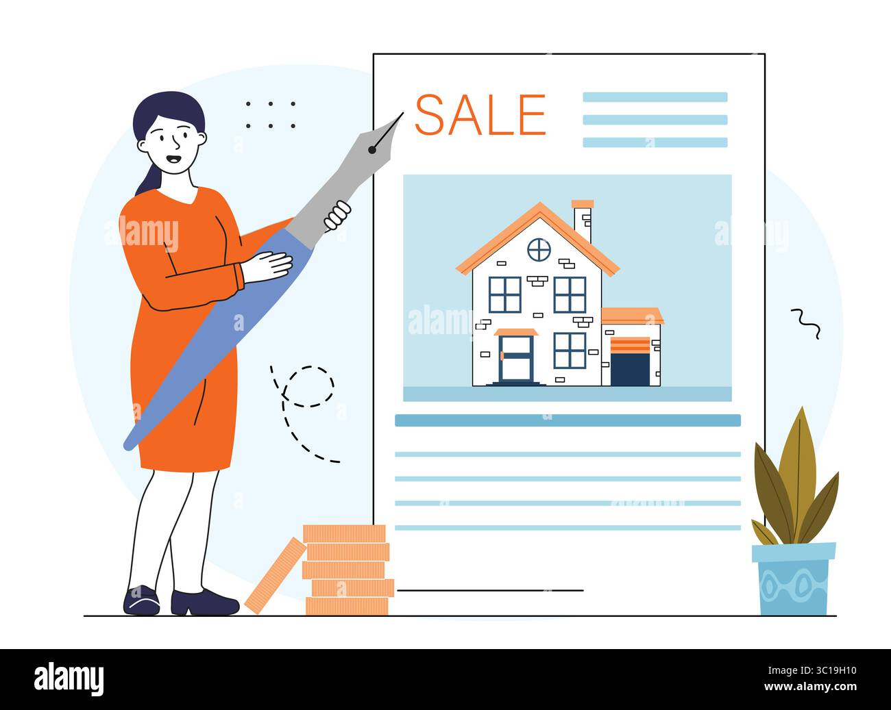 Real estate agent with house sale ad. Vector illustration Stock Vector ...