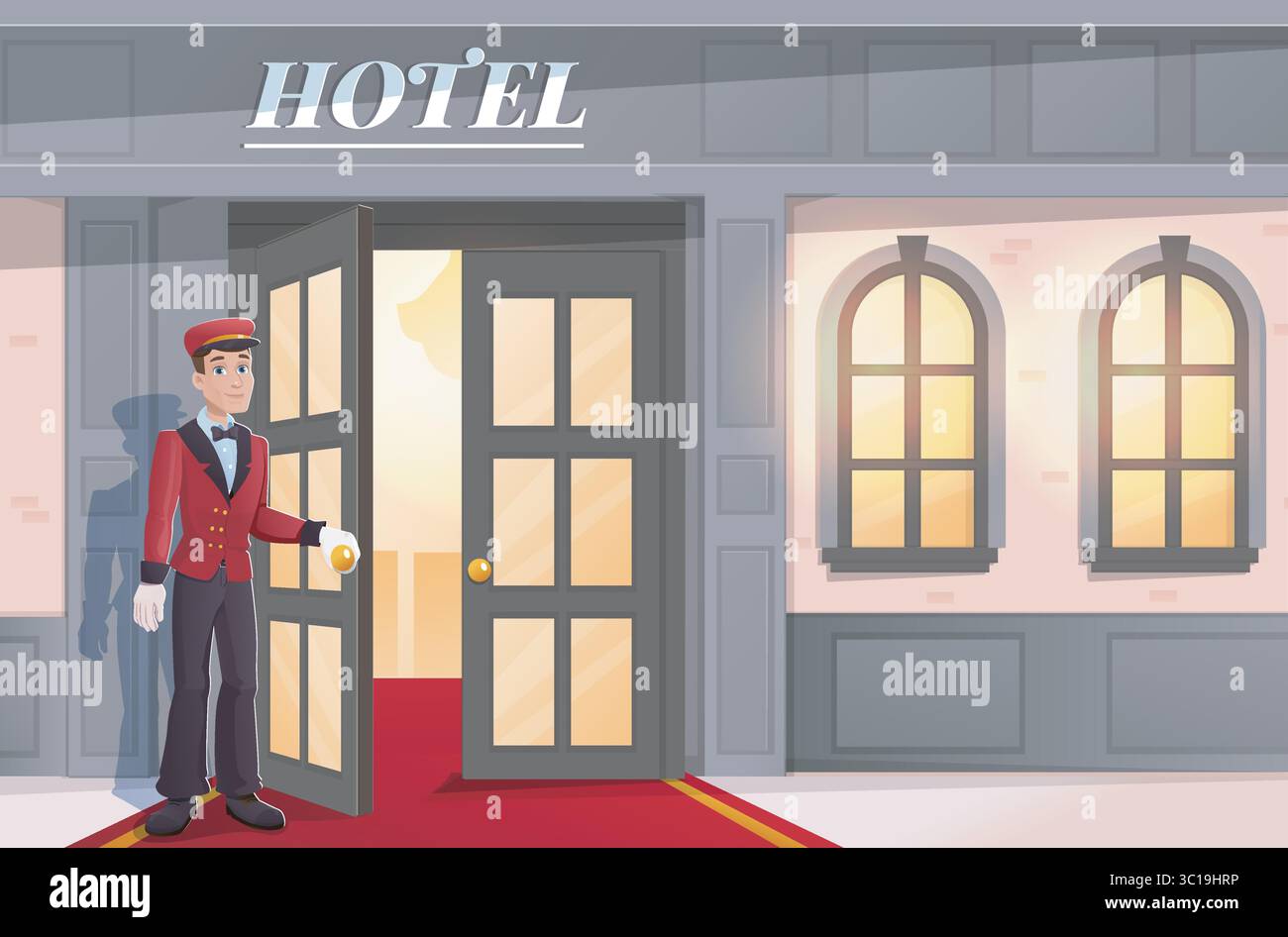 Hotel entrance with doorman in uniform. Vector illustration Stock ...