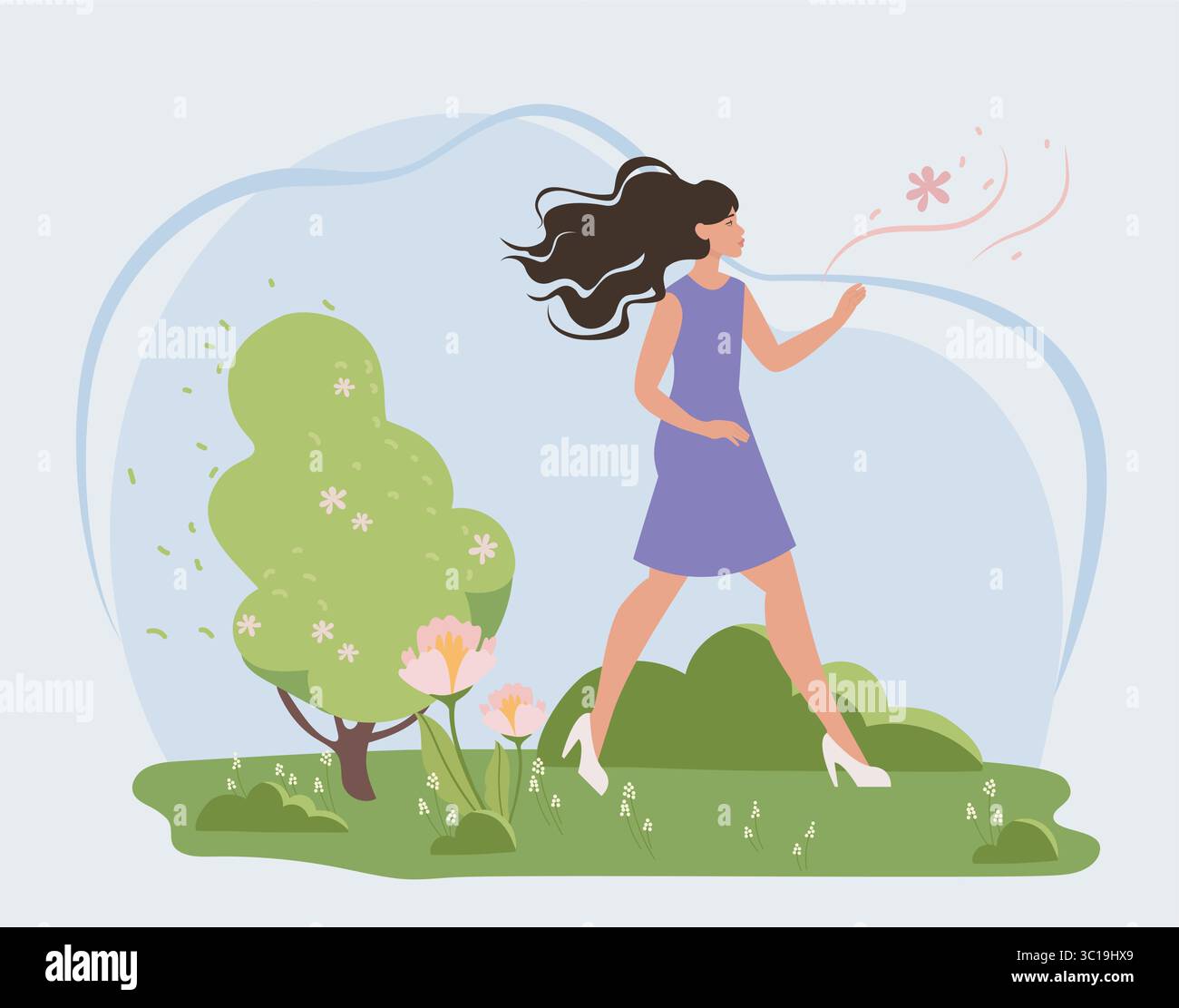 Woman walking in spring garden scene. Vector illustration Stock Vector ...
