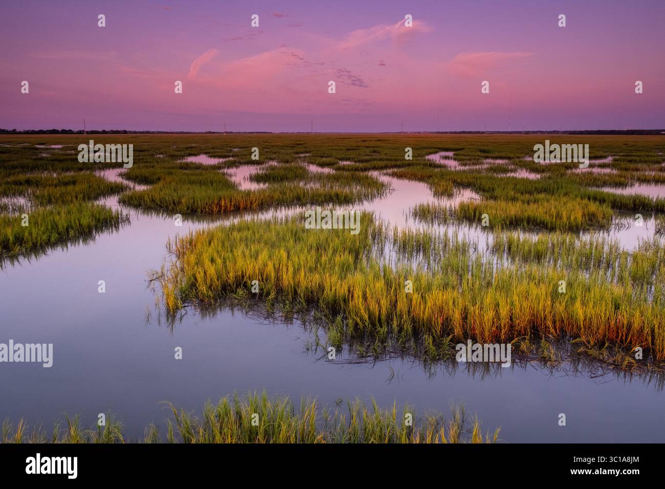 The reddish glow of dawn reflects on the salt marsh at Gray Bay in the ...
